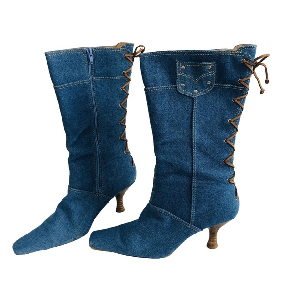 Mixit | Shoes | Vintage Y2k Denim High Heel Boots Size 95 M Cowgirl ...